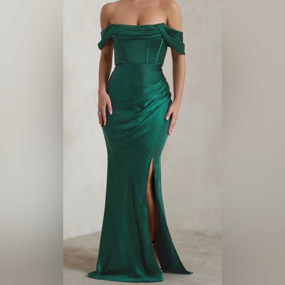Bottle Green Fishtail Satin Maxi Dress Size 2 - Gem